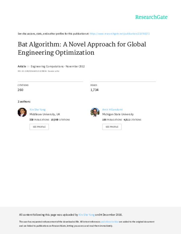 Pdf Bat Algorithm A Novel Approach For Global Engineering Optimization