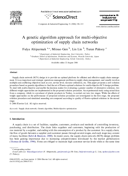 Pdf A Genetic Algorithm Approach For Multi Objective Optimization Of Supply Chain Networks