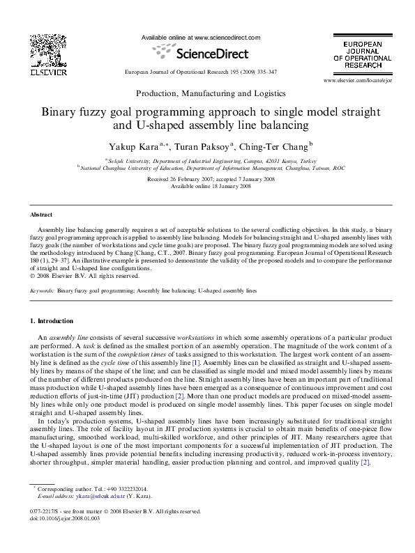 (PDF) Binary fuzzy goal programming approach to single model straight and U-shaped assembly line ...