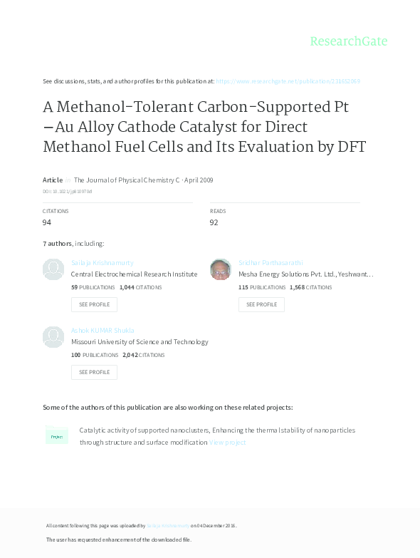 Pdf Methanol Tolerant Pt Au Alloy Catalyst For Fuel Cells