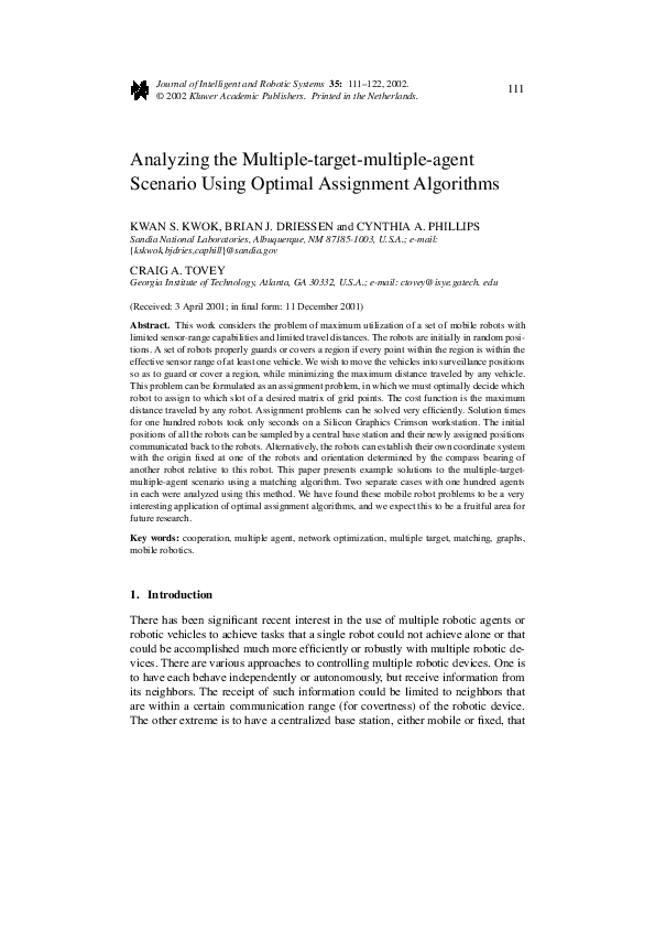 Pdf Optimal Assignment For Mobile Robot Coverage