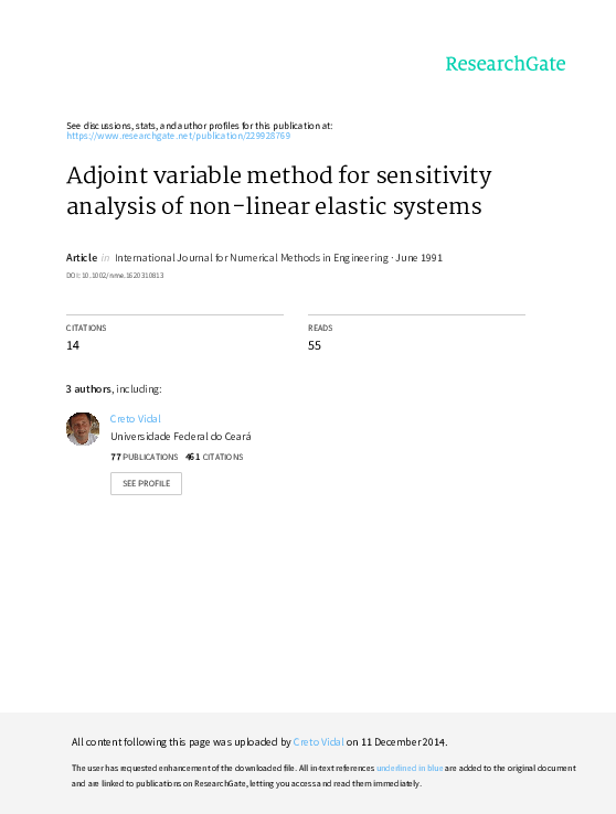 Pdf An Adjoint Variable Method For Sensitivity Analysis Of Non‐linear Elastic Systems