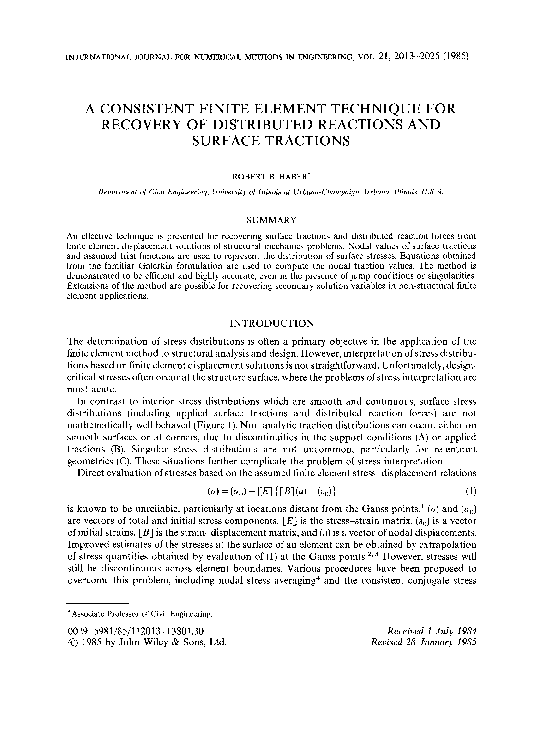 Pdf A Consistent Finite Element Technique For Recovery Of Distributed Reactions And Surface