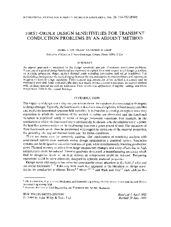 (PDF) First‐order design sensitivities for transient conduction problems by an adjoint method