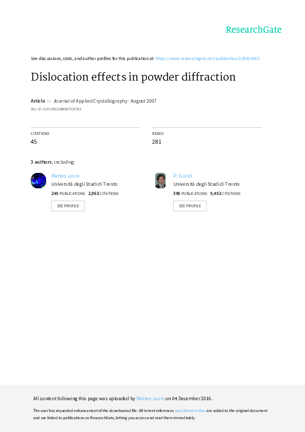 (PDF) Dislocation effects in powder diffraction | Matteo Leoni ...