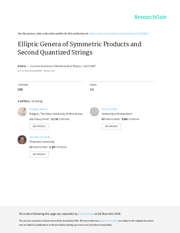 (PDF) Elliptic Genera of Symmetric Products and Second Quantized Strings