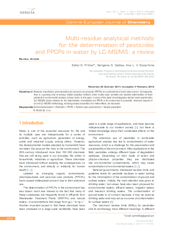 Pdf Multi Residue Analytical Methods For The Determination Of Pesticides And Ppcps In Water By