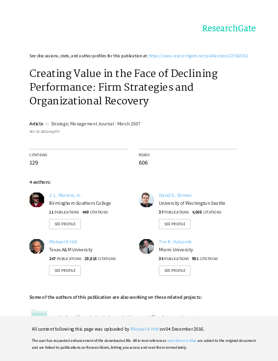 (PDF) Creating value in the face of declining performance: firm ...
