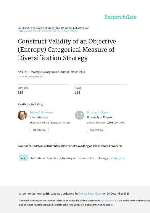 (PDF) Construct validity of an objective (entropy) categorical measure of diversification strategy