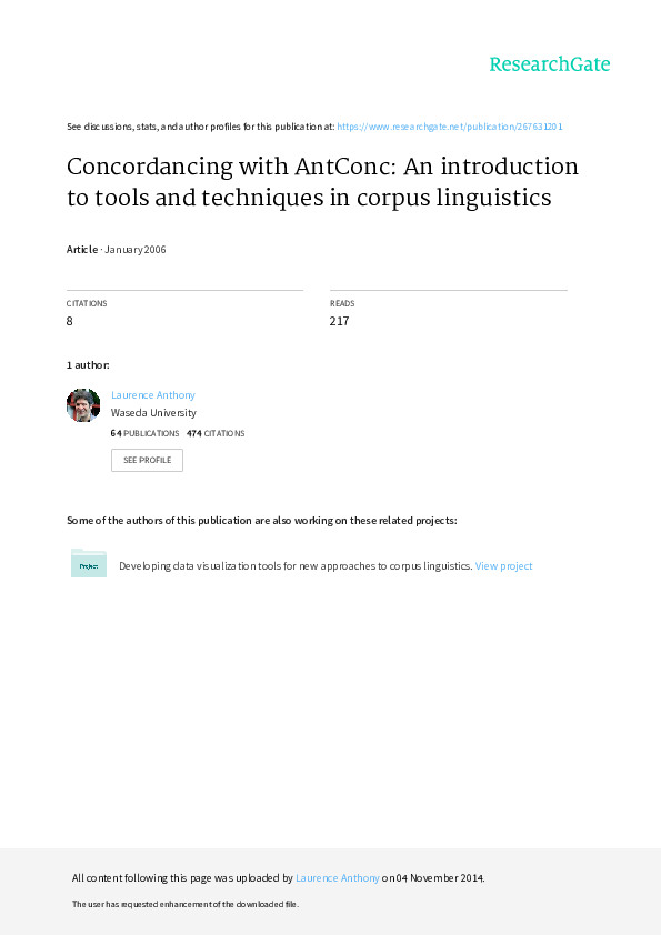 (PDF) Concordancing with AntConc: An Introduction to Tools and Techniques in Corpus Linguistics ...
