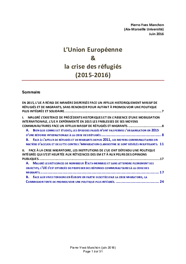(PDF) L'Union Européenne et la crise des réfugiés (2015-2016)