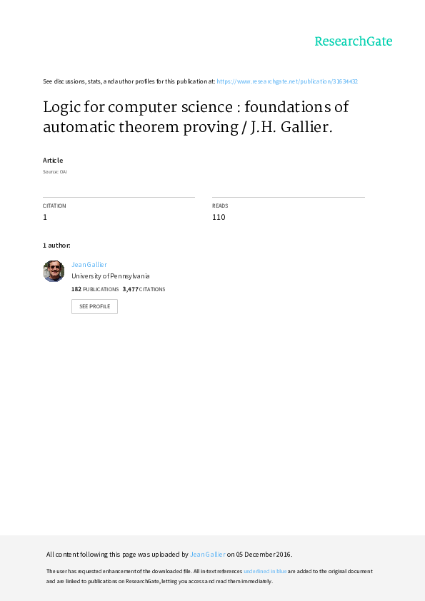 (PDF) Logic for computer science: foundations of automatic theorem proving