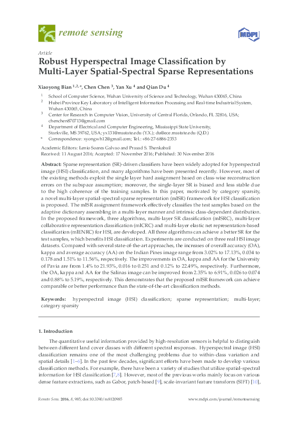 Pdf Robust Hyperspectral Image Classification By Multi Layer Spatial