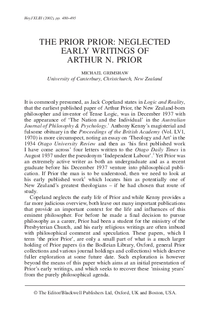 (PDF) The prior Prior: neglected early writings of Arthur N. Prior