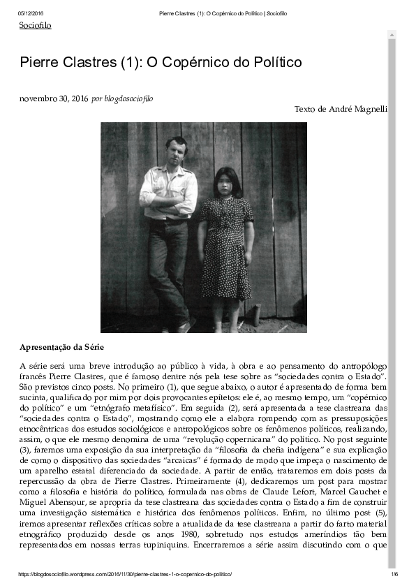(PDF) Pierre Clastres (1). O Copérnico do Político