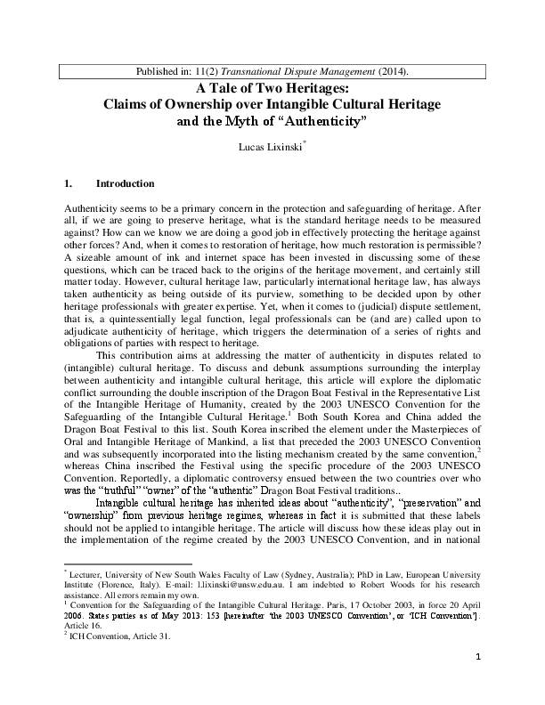 (PDF) A Tale of Two Heritages: Claims of Ownership over Intangible ...