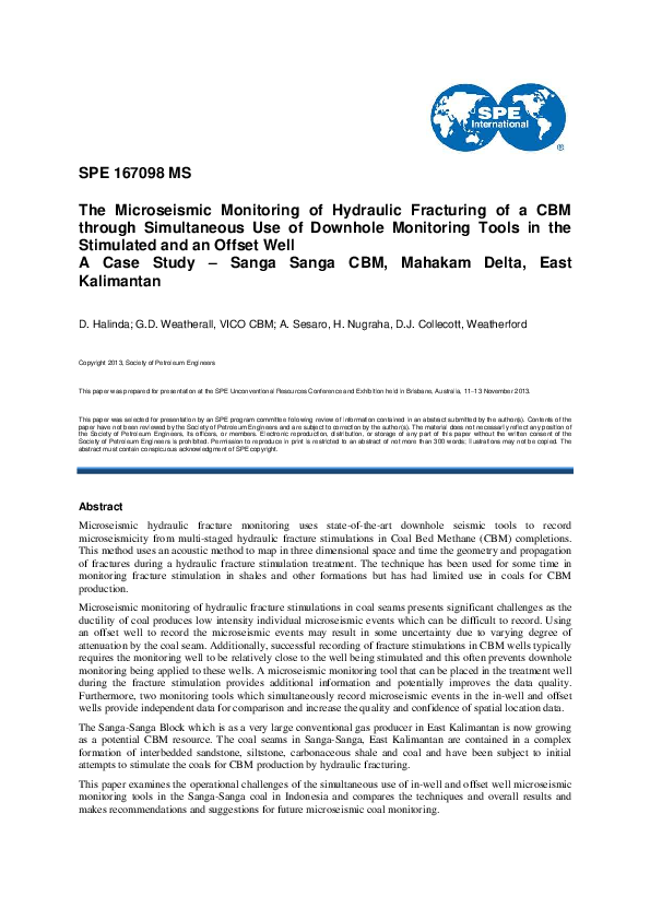 Pdf Spe 167098 Ms The Microseismic Monitoring Of Hydraulic Fracturing Of A Cbm Through