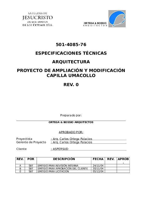 (DOC) 501-4085-76 ESPECIFICACIONES TÉCNICAS ARQUITECTURA PROYECTO DE AMPLIACIÓN Y MODIFICACIÓN ...