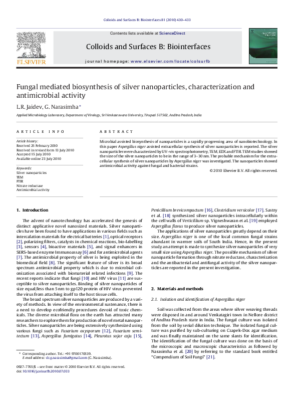 (PDF) Fungal mediated biosynthesis of silver nanoparticles, characterization and antimicrobial ...