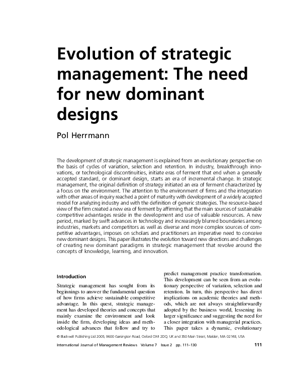 (PDF) Evolution of strategic management: The need for new dominant designs