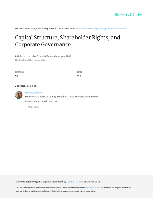 (PDF) Capital structure, shareholder rights, and corporate governance