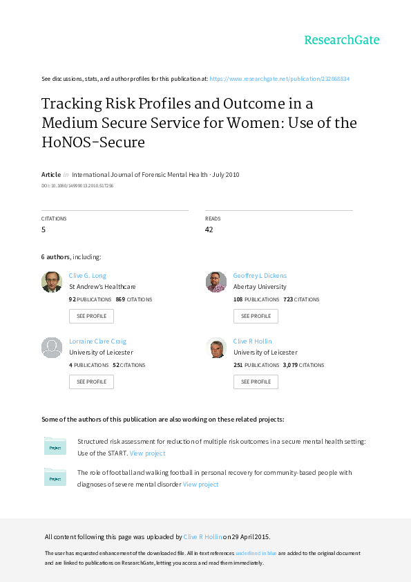 (PDF) Tracking risk profiles and outcome in a medium secure service for ...