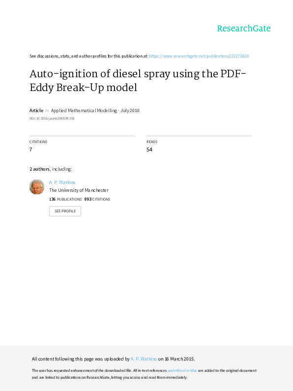 (PDF) Auto-ignition of diesel spray using the PDF-Eddy Break-Up model