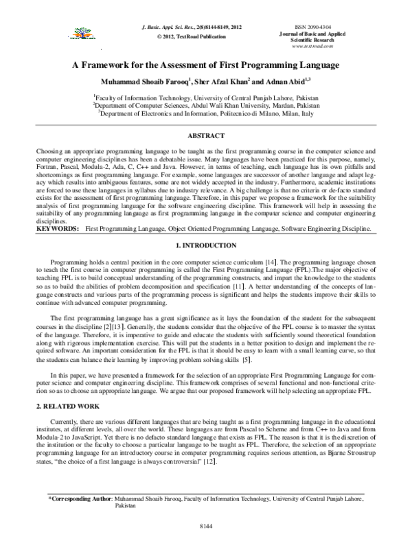 (PDF) A Framework for the Assessment of First Programming Language