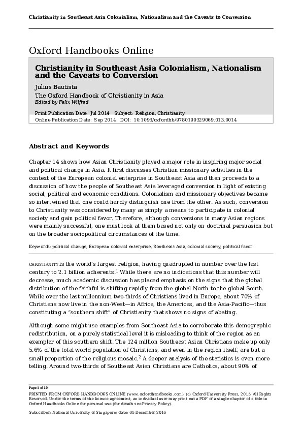 (PDF) Bautista, J. (2014) “Christianity in Southeast Asia: Colonialism ...