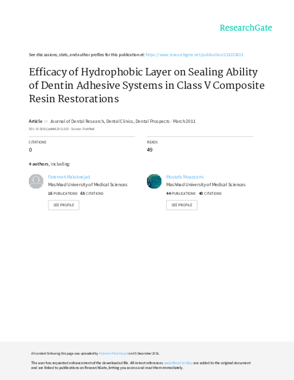Pdf Efficacy Of Hydrophobic Layer On Sealing Ability Of Dentin Adhesive Systems In Class V