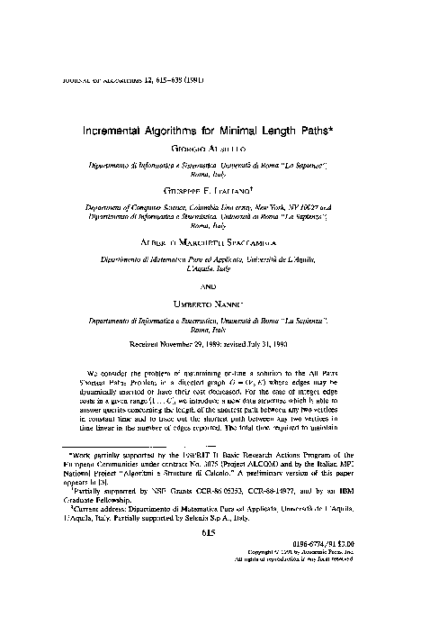 Incremental Algorithms For Minimal Length Paths