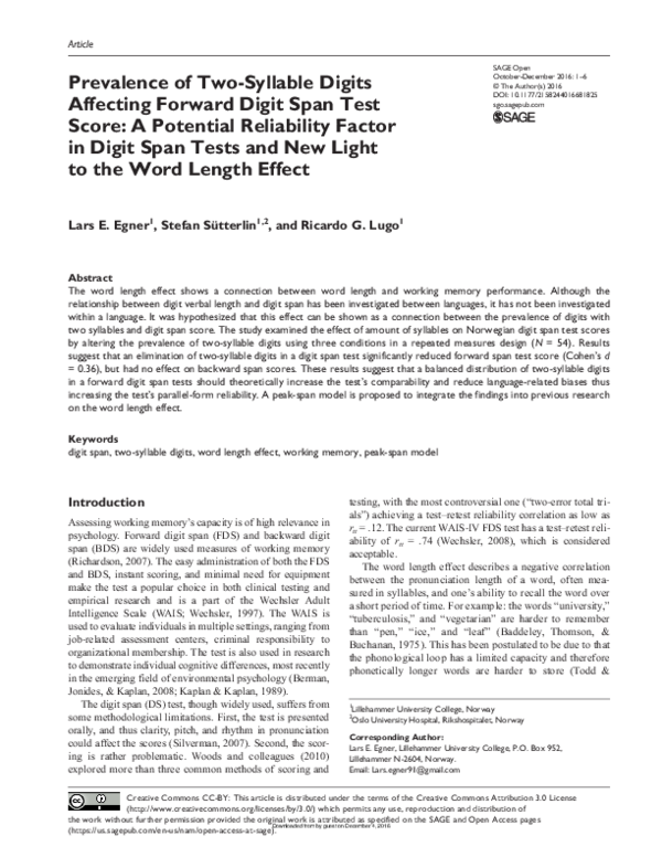 (PDF) Prevalence of Two-Syllable Digits Affecting Forward Digit Span ...