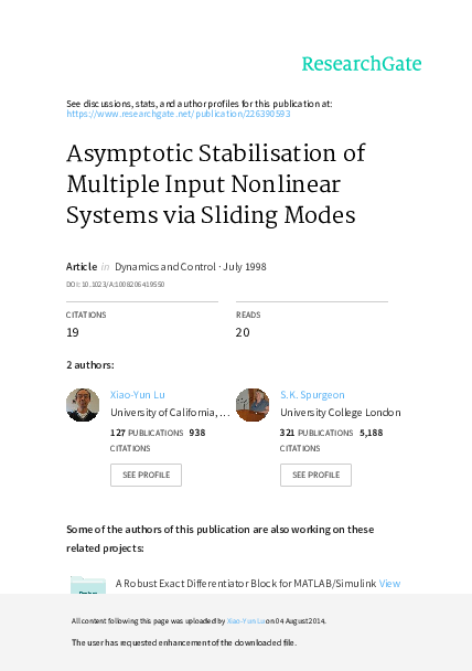 (PDF) Asymptotic stabilisation of multiple input nonlinear systems via sliding modes