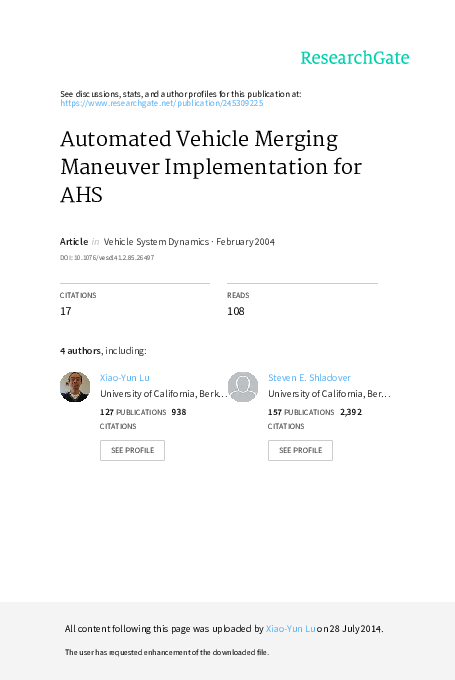 (PDF) Automated vehicle merging maneuver implementation for AHS