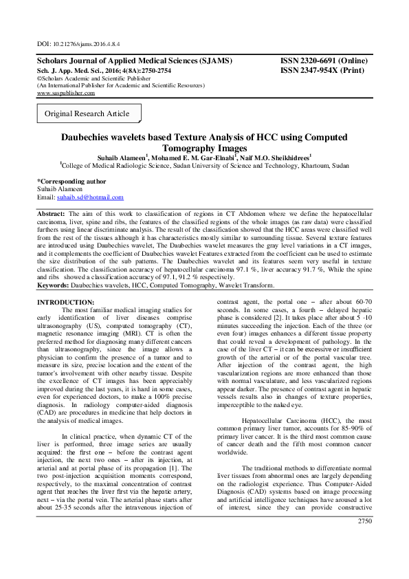 Pdf Daubechies Wavelets Based Texture Analysis Of Hcc Using Computed