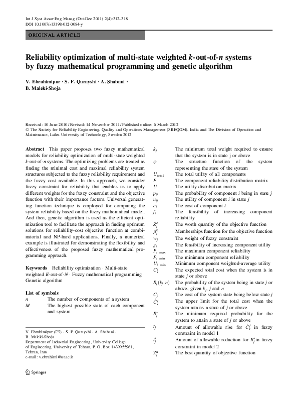 Pdf Reliability Optimization Of Multi State Weighted K Out Of N Systems By Fuzzy Mathematical