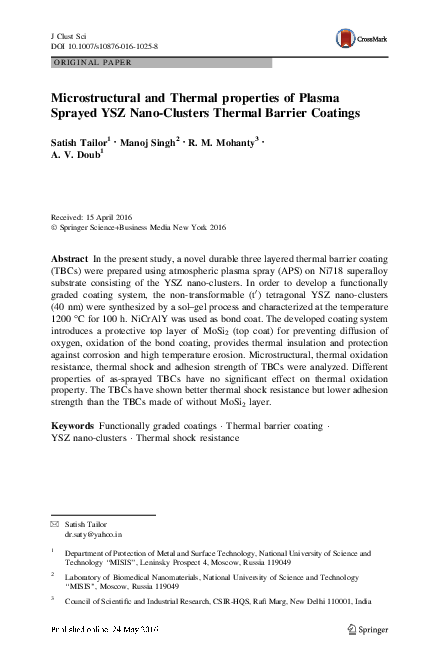 (PDF) Microstructural and Thermal properties of Plasma Sprayed YSZ Nano-Clusters Thermal Barrier ...