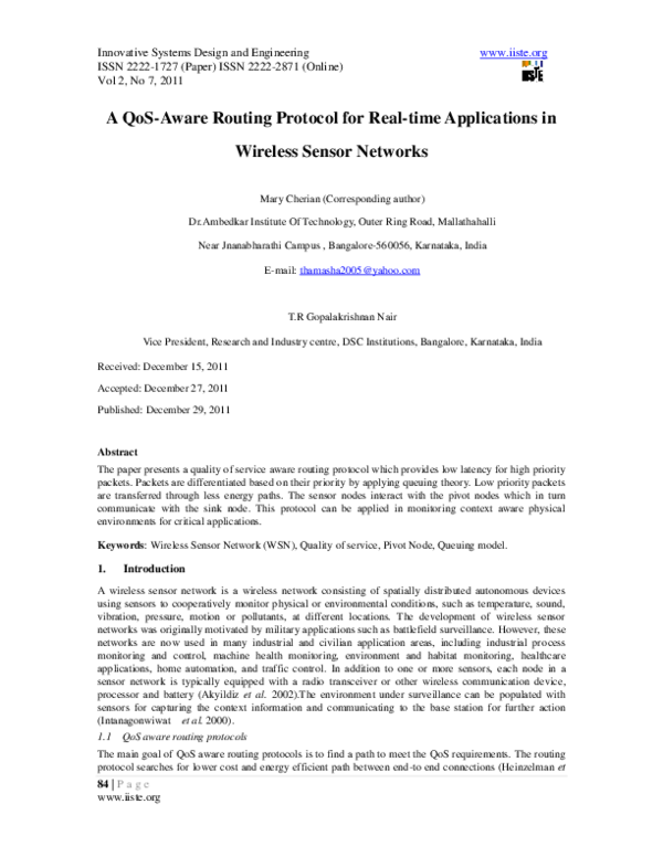 Pdf A Qos Aware Routing Protocol For Real Time Applications In Wireless Sensor Networks