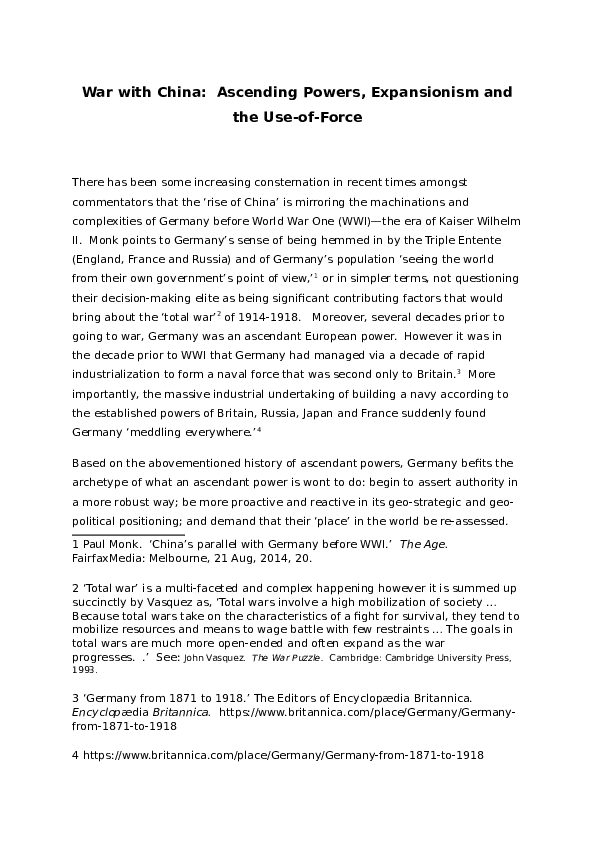 (DOC) War with China: Ascending Powers, Expansionism and the Use-of-Force