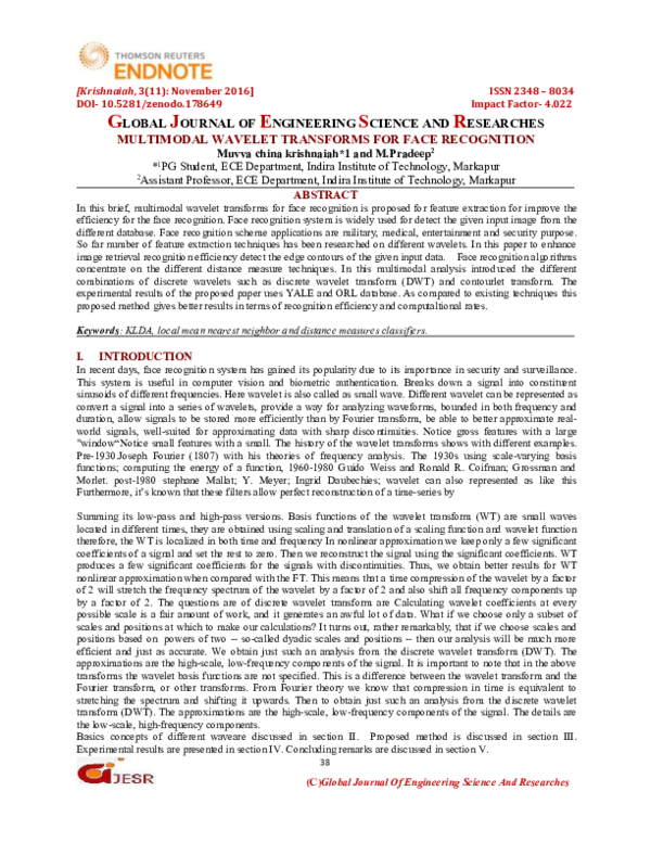 Pdf Multimodal Wavelet Transforms For Face Recognition Gjesr Journal