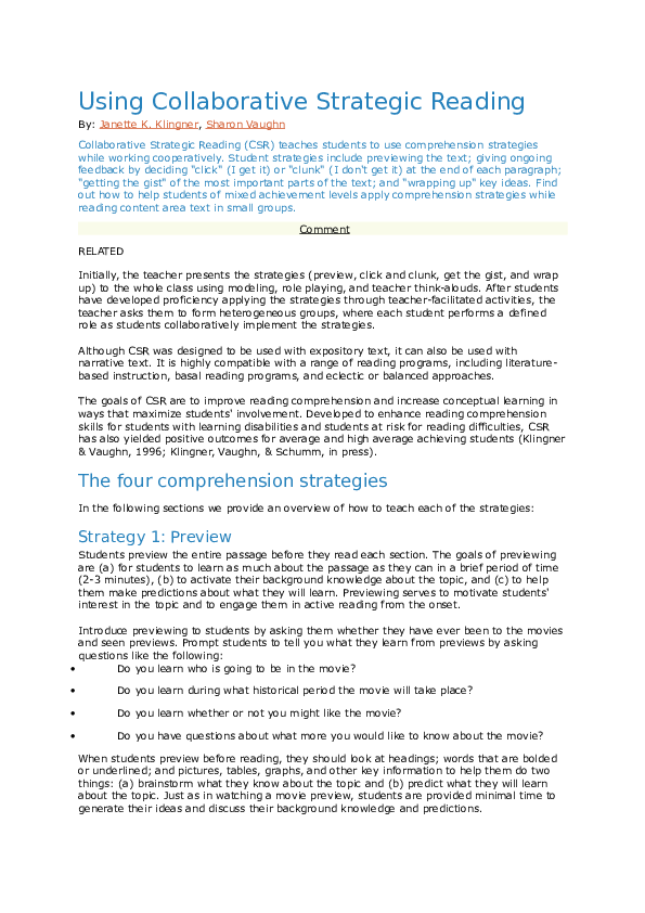 (DOC) Collaborative Strategic Reading: Enhancing Comprehension Skills