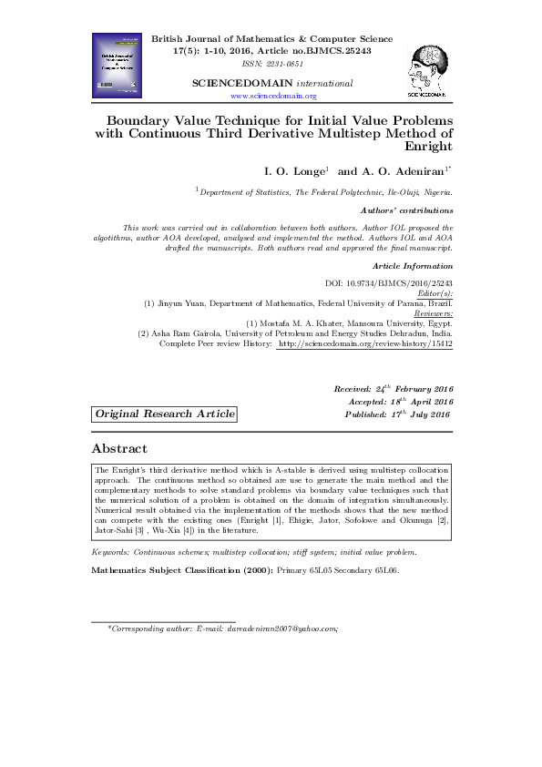 Pdf Boundary Value Technique For Initial Value Problems With Continuous Third Derivative