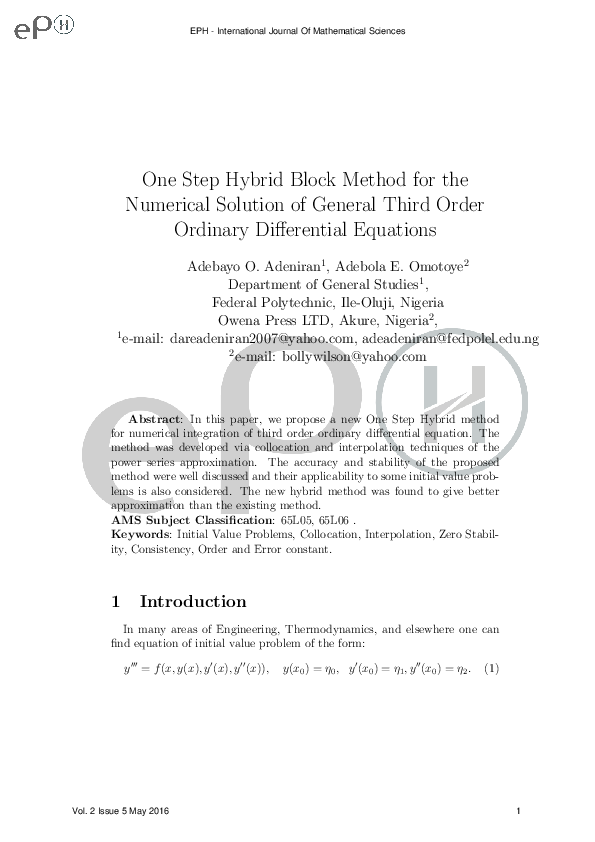 Pdf One Step Hybrid Block Method For The Numerical Solution Of General Third Order Ordinary