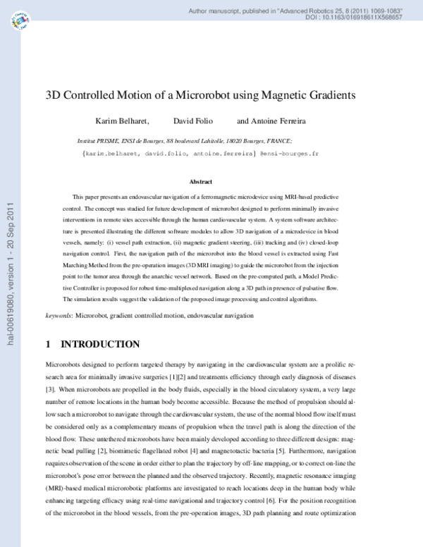 (PDF) Three-Dimensional Controlled Motion of a Microrobot using Magnetic Gradients