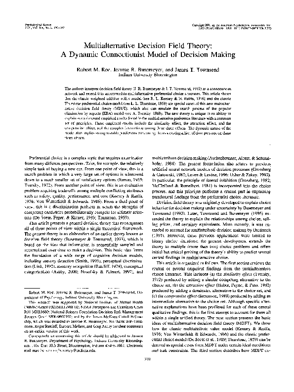 (PDF) Multialternative Decision Field Theory: A Dynamic Connectionist Model of Decision Making