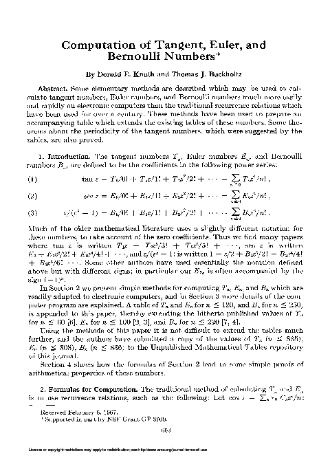 Pdf Computation Of Tangent Euler And Bernoulli Numbers