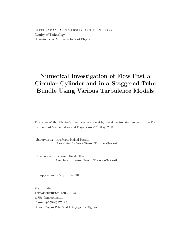 (PDF) Numerical Investigation of Flow Past a Circular Cylinder and in a Staggered Tube Bundle ...