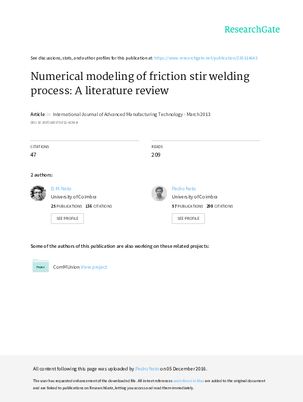 (PDF) Numerical modeling of friction stir welding process: a literature review