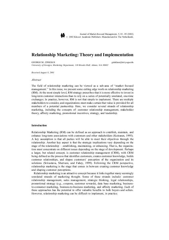 (PDF) Relationship marketing: theory and implementation