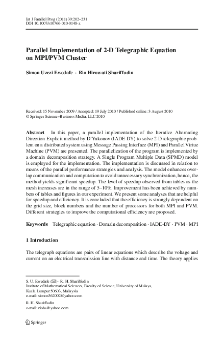 (PDF) Parallel Implementation of 2-D Telegraphic Equation on MPI/PVM Cluster